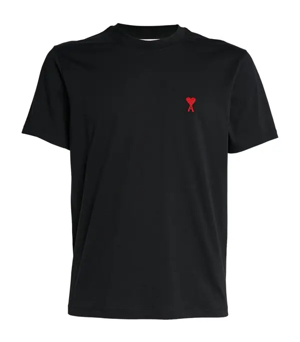 Ami Organic Cotton T-shirt With De Coeur Embroidery - Black