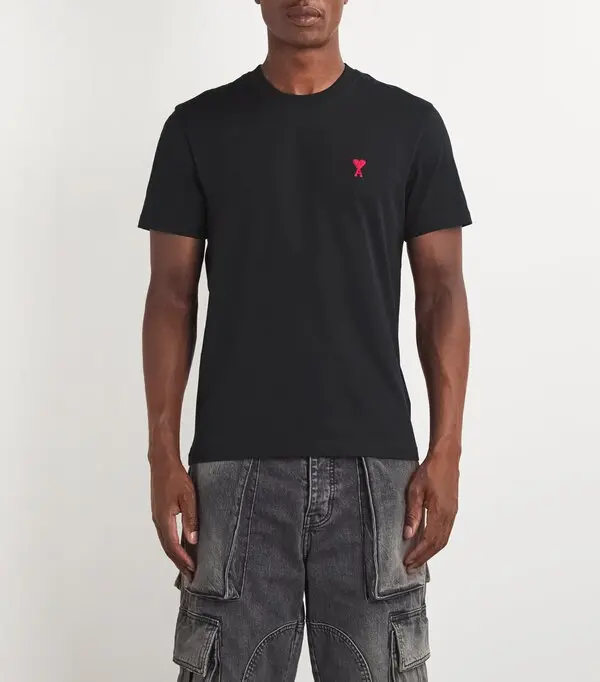 AMI Paris Organic Cotton T-shirt With De Coeur Embroidery - Black