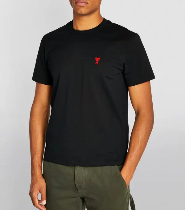 Ami Organic Cotton T-shirt With De Coeur Embroidery - Black