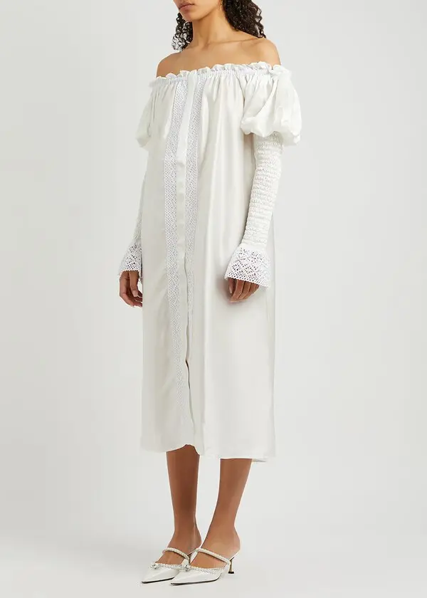 Sleeper Opera Off-The-Shoulder Silk Midi Dress - White | Editorialist