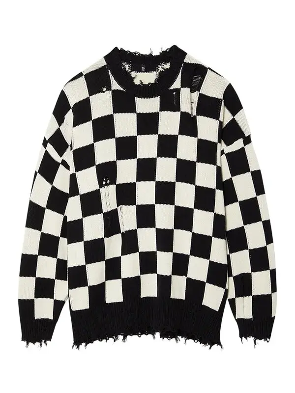 R13 Oversized Distressed Checked Cotton Sweater