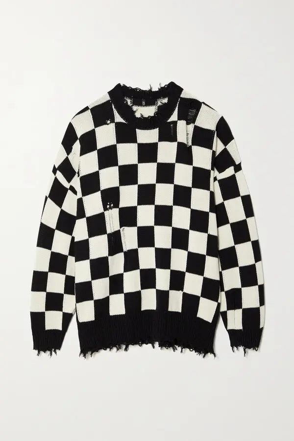 R13 Oversized Distressed Checked Cotton Sweater