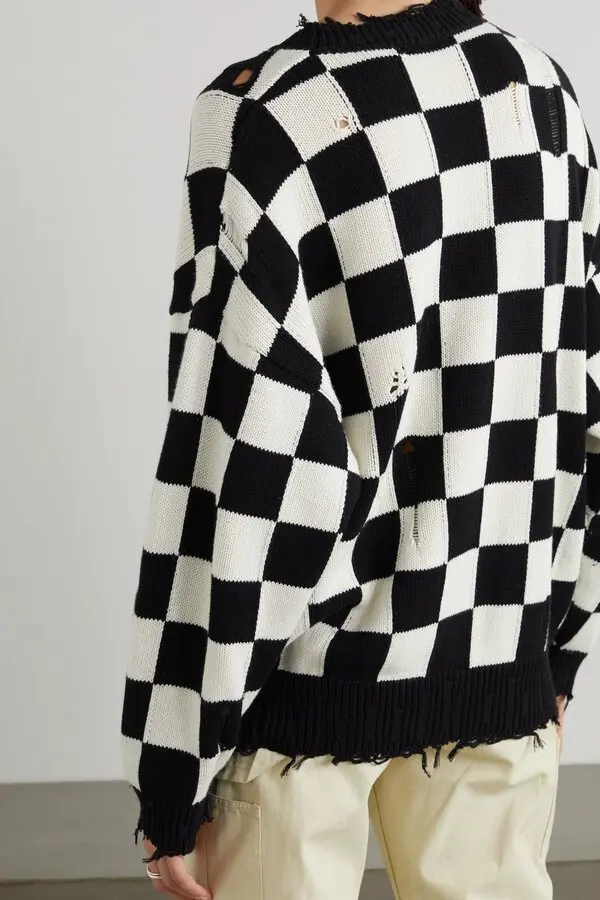 R13 Oversized Distressed Checked Cotton Sweater
