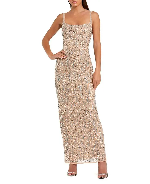 Mac Duggal Scoop Neck Sequined Gown - Nude Silver