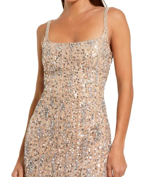 Mac Duggal Scoop Neck Sequined Gown - Nude Silver