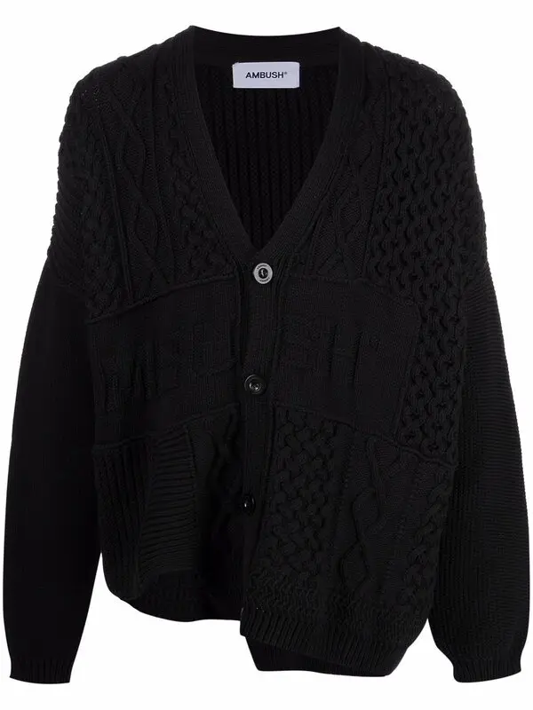 AMBUSH Patchwork-knit Cardigan With Jacquard Logo - Black