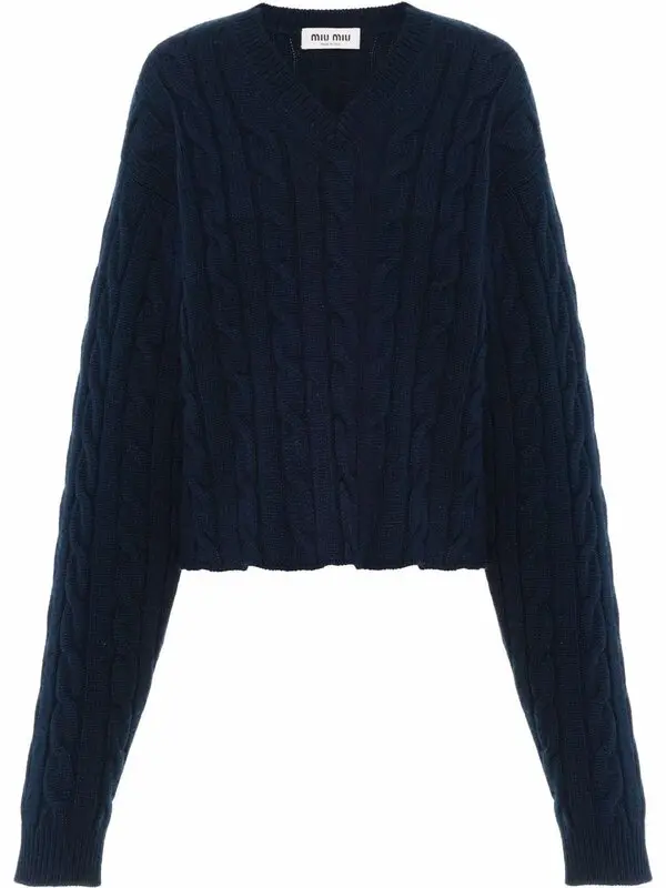 Miu Miu Cable Knit Cashmere V-neck Jumper