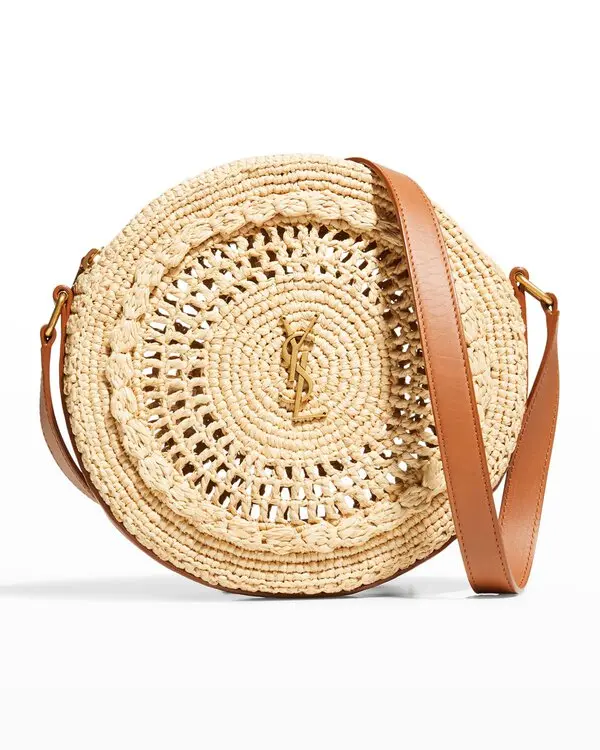 Saint Laurent Round Raffia Crossbody Bag Natural/Brick