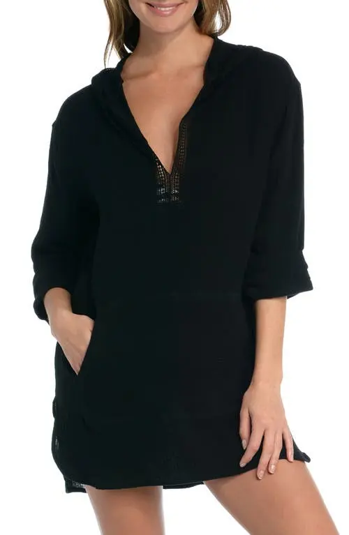 La Blanca Hooded Cotton Gauze Cover-up Tunic - Black