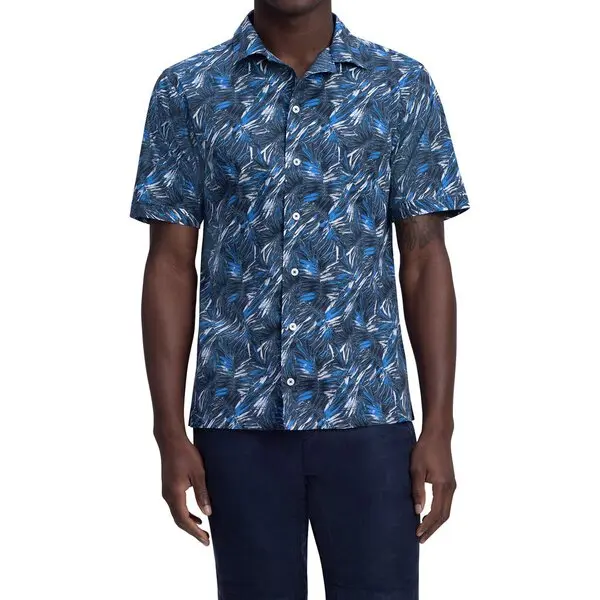 Bugatchi Shaped Fit Print Stretch Cotton Short Sleeve Button-up Shirt - Midnight