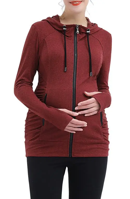 KIMI + KAI Momo Ruched Zip Maternity Hoodie - Maple Red