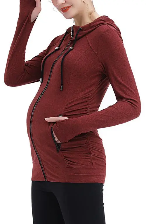 KIMI + KAI Momo Ruched Zip Maternity Hoodie - Maple Red