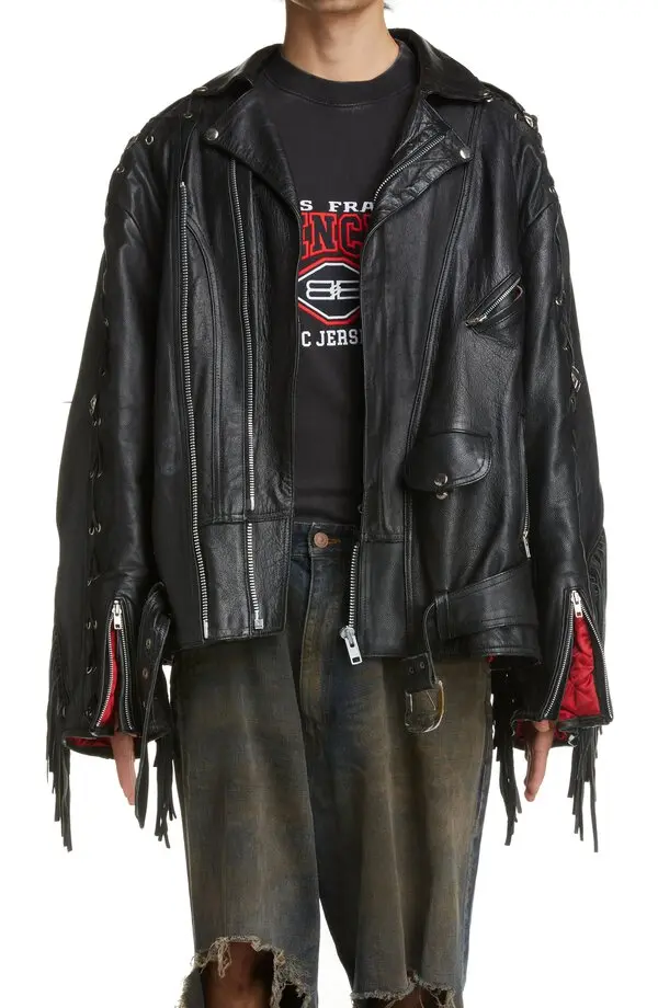 Balenciaga Fringe Detail Leather Biker Jacket