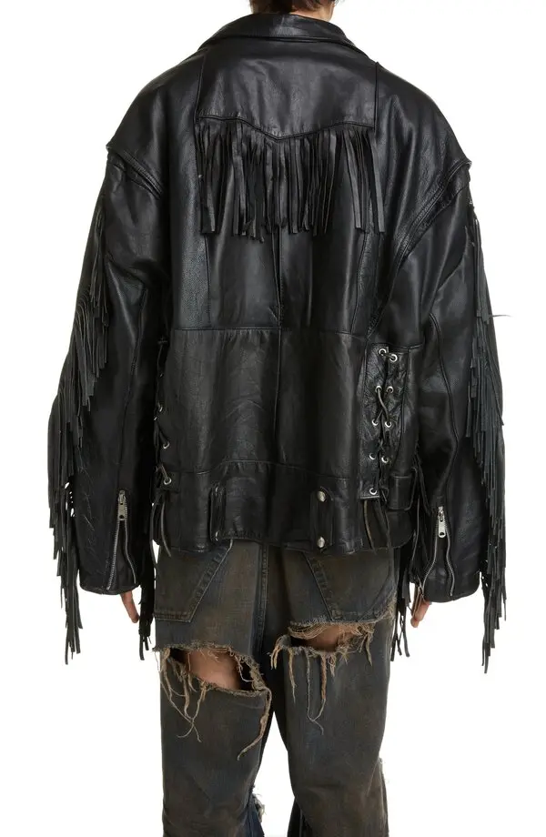 Balenciaga Fringe Detail Leather Biker Jacket