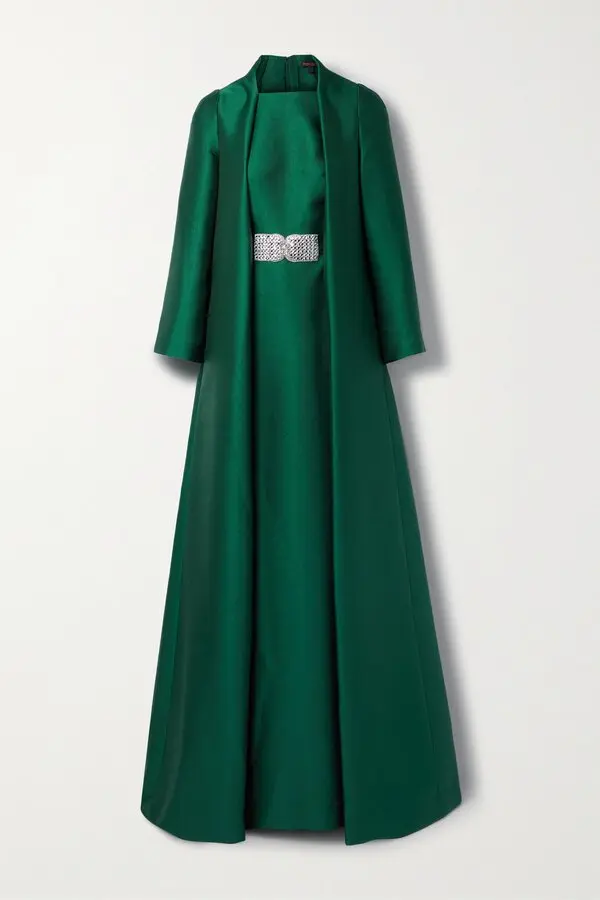 REEM ACRA Layered Crystal-embellished Grain De Poudre Gown - Green