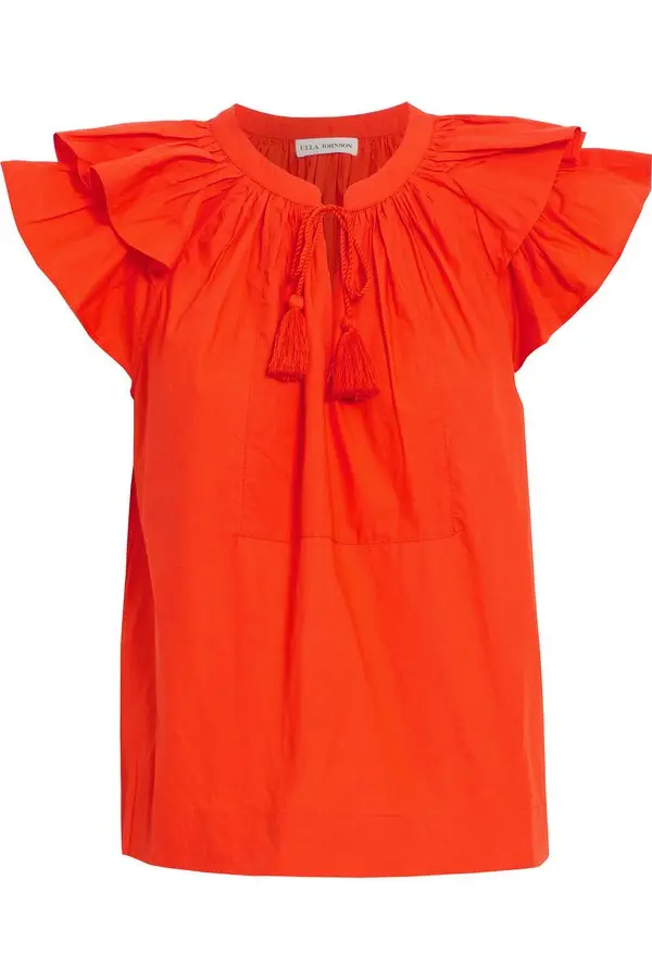 Ulla Johnson Elm Tasseled Ruffled Cottonpoplin Top