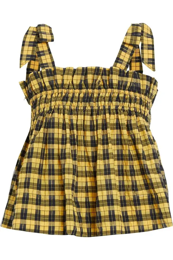 GANNI Shirred Checked Cottonblend Top - Yellow
