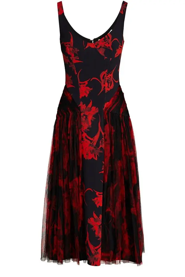 Roberto Cavalli Floral-print Tulle And Crepe Midi Dress - Black