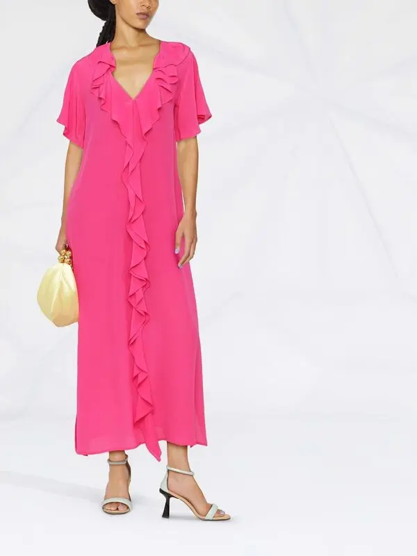 Gold Hawk Ruffle-trim V-neck Long Dress - Pink