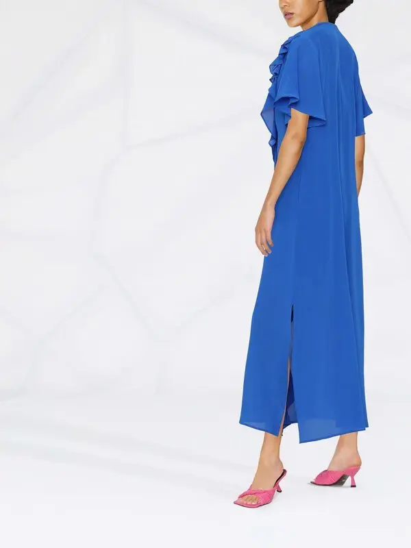 Gold Hawk Ruffle-trim V-neck Long Dress - Blue