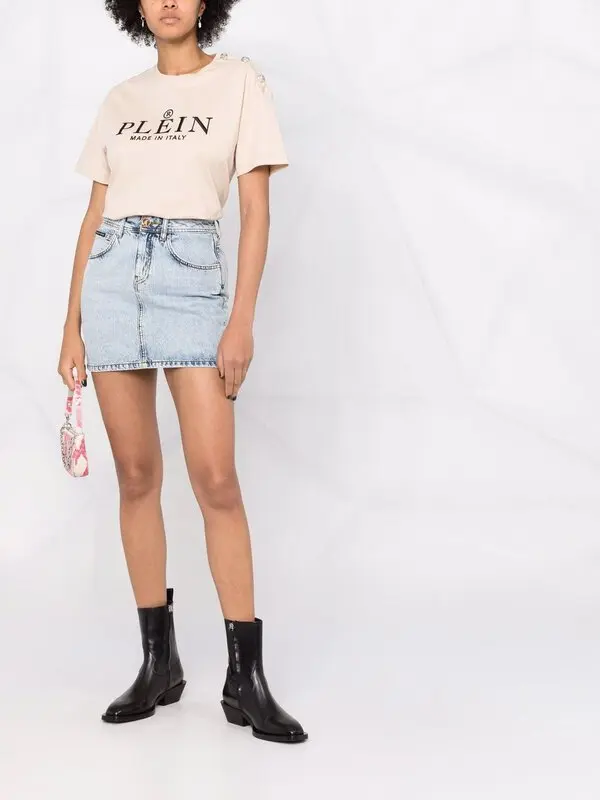 Philipp Plein Skull-embroidered Denim Mini Skirt