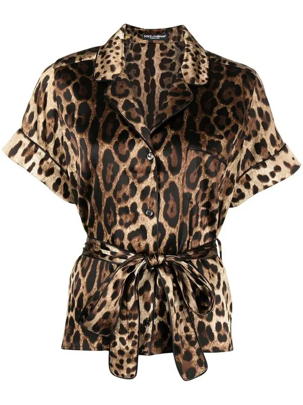 Dolce & Gabbana Leopard-print Belted Silk Shirt - Brown