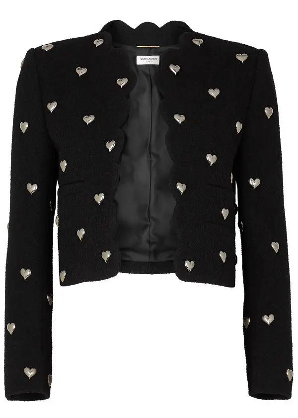 Saint Laurent Heart-Embellished Wool-Blend Bouclé Jacket Black