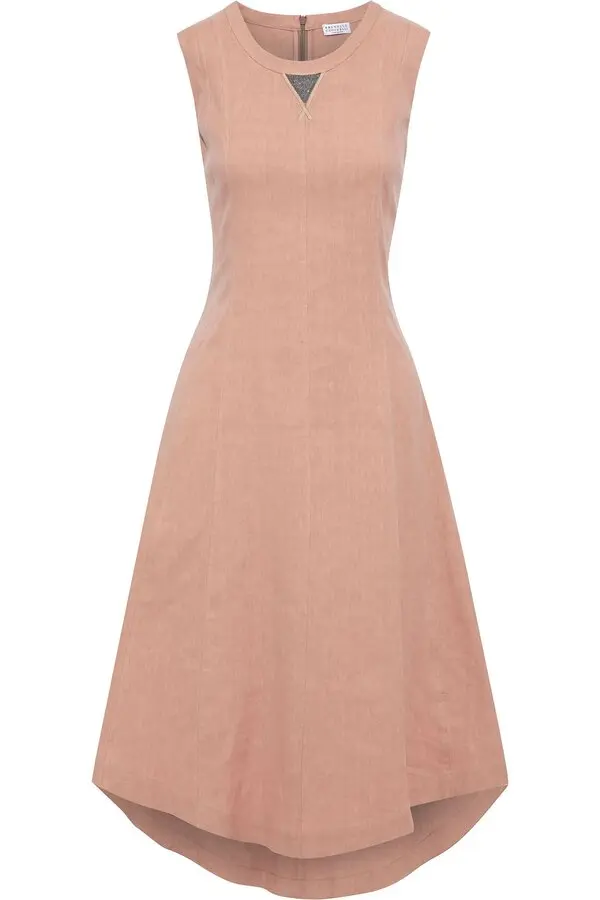 Brunello Cucinelli Asymmetric Bead-embellished Linen-blend Midi Dress - Blush