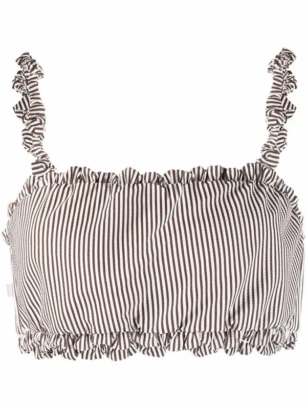 GANNI Ruched Striped Bikini Top - Brown
