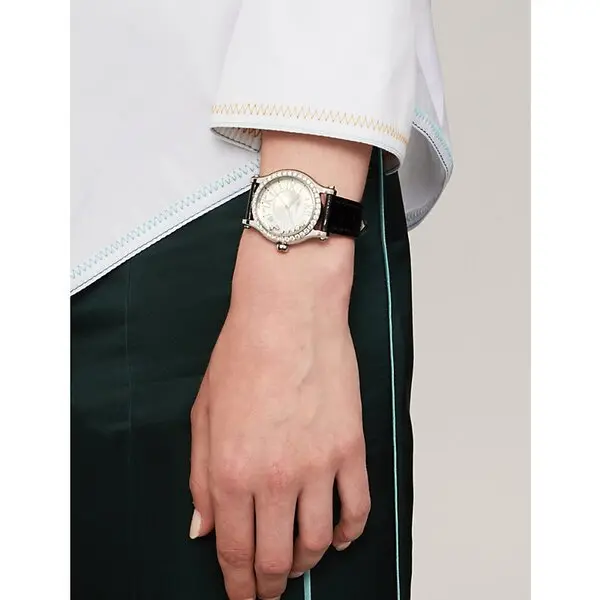 Chopard 278559-3003 Happy Sport Medium Automatic Stainless Steel, Diamond, And Alligator-embossed Leather Watch - Silver And Black