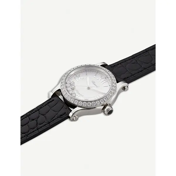 Chopard 278559-3003 Happy Sport Medium Automatic Stainless Steel, Diamond, And Alligator-embossed Leather Watch - Silver And Black