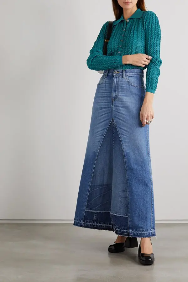 Philosophy Di Lorenzo Serafini Patchwork Frayed Denim Maxi Skirt