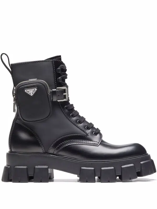 Prada Monolith Pouch Detail Lace Up Combat Boots - Black