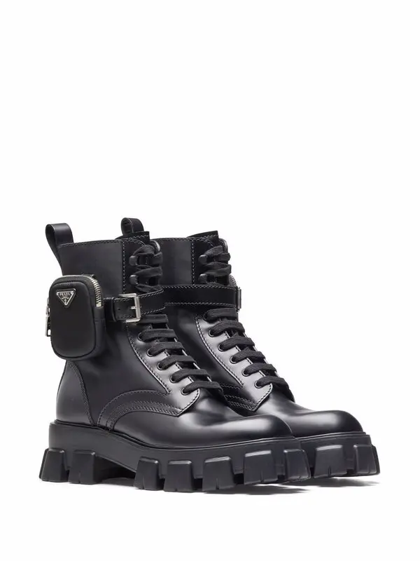 Prada Monolith Pouch Detail Lace Up Combat Boots - Black