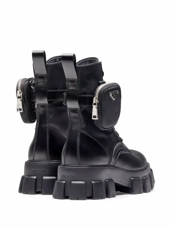 Prada Monolith Pouch Detail Lace Up Combat Boots - Black
