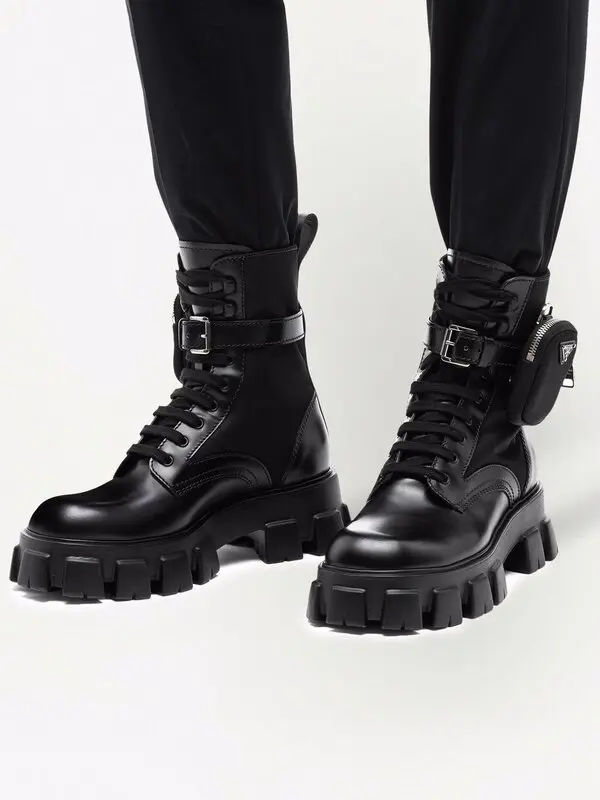 Prada Monolith Pouch Detail Lace Up Combat Boots - Black
