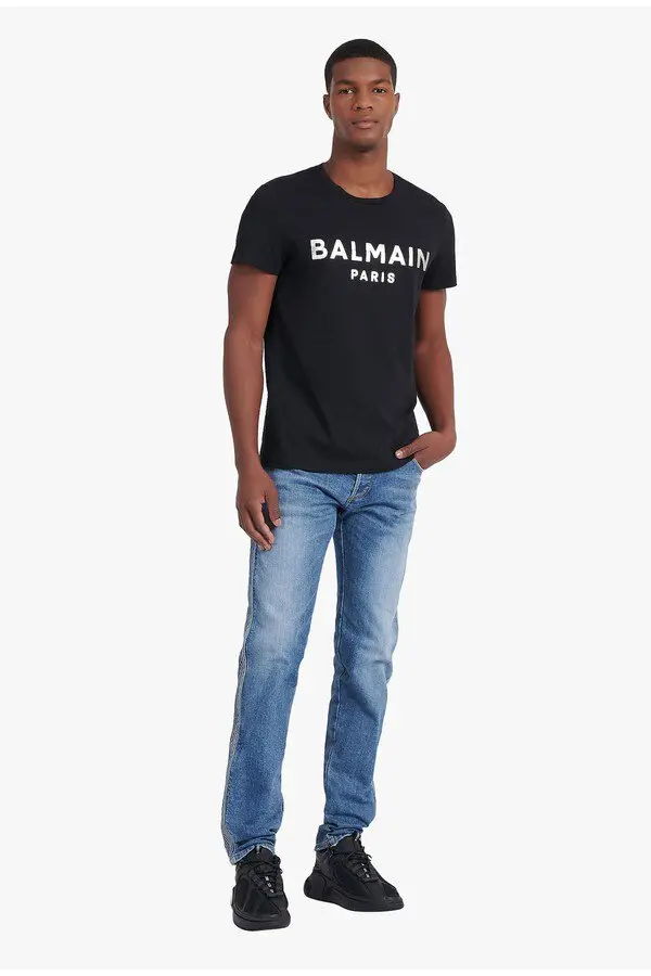 Balmain Men Eco-designed Cotton T-shirt With Silver Balmain Paris Logo Print