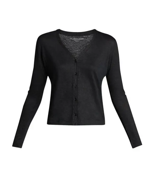 Majestic Filatures V-neck Button-down Long-sleeve Stretch-linen Cardigan - Black