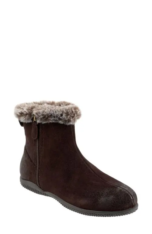 Softwalk Suede Bootie With Faux Fur Trim - Dark Brown Suede