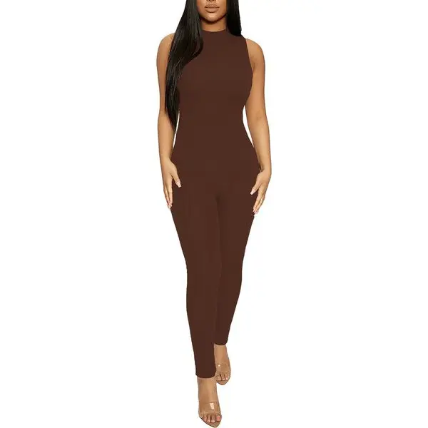 Naked Wardrobe Sleeveless Sculpt Jumpsuit - Chocolate