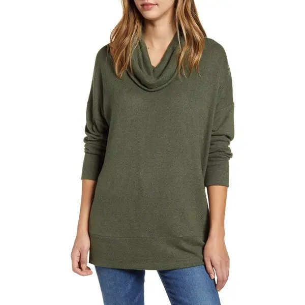Loveappella Cowl Neck Long Sleeve Top - Olive