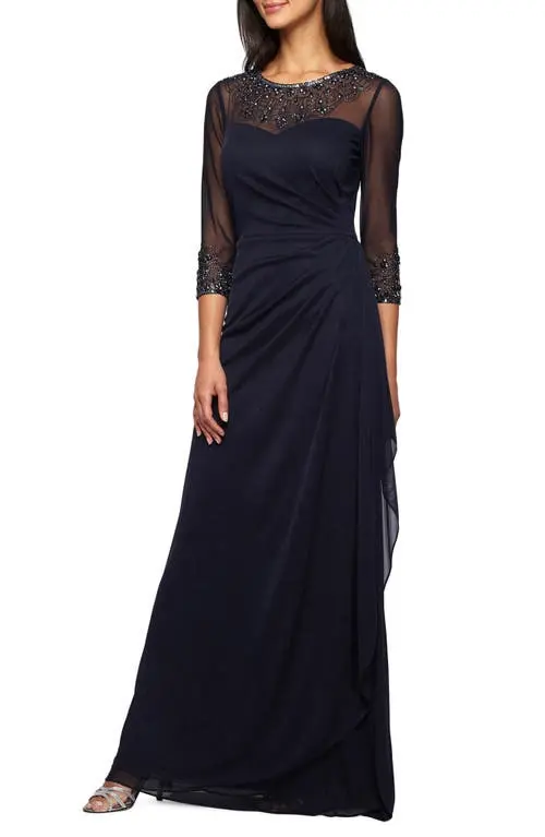 Alex Evenings Embellished Chiffon Evening Gown - Dark Navy