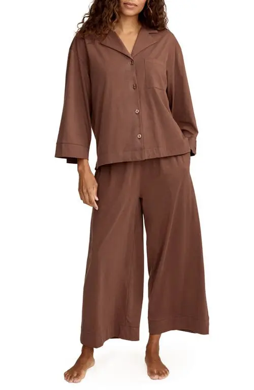 PETITE PLUME Olivia Wide Leg Pima Cotton Pajamas - Brown