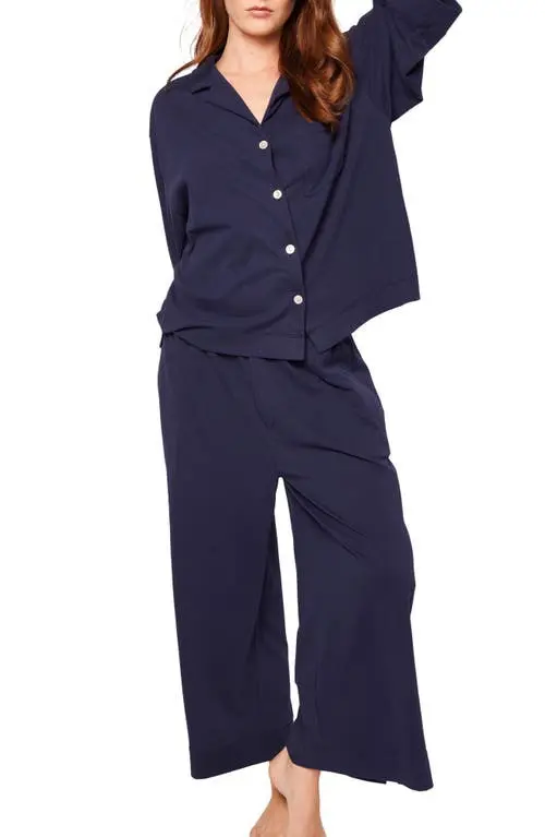 PETITE PLUME Olivia Wide Leg Pima Cotton Pajamas - Navy