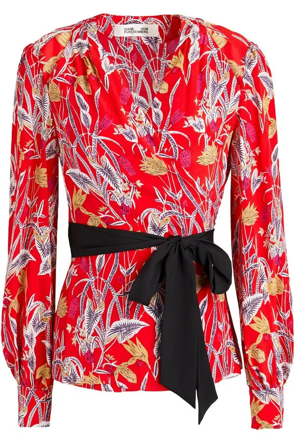 Diane Von Furstenberg Hesy Cutout Printed Silk Wrap Top - Red