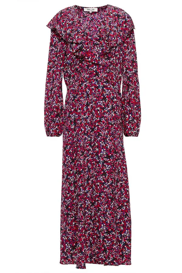 Diane Von Furstenberg Bella Wrapeffect Ruffled Printed Silk Crepe De Chine Midi Dress - Crimson