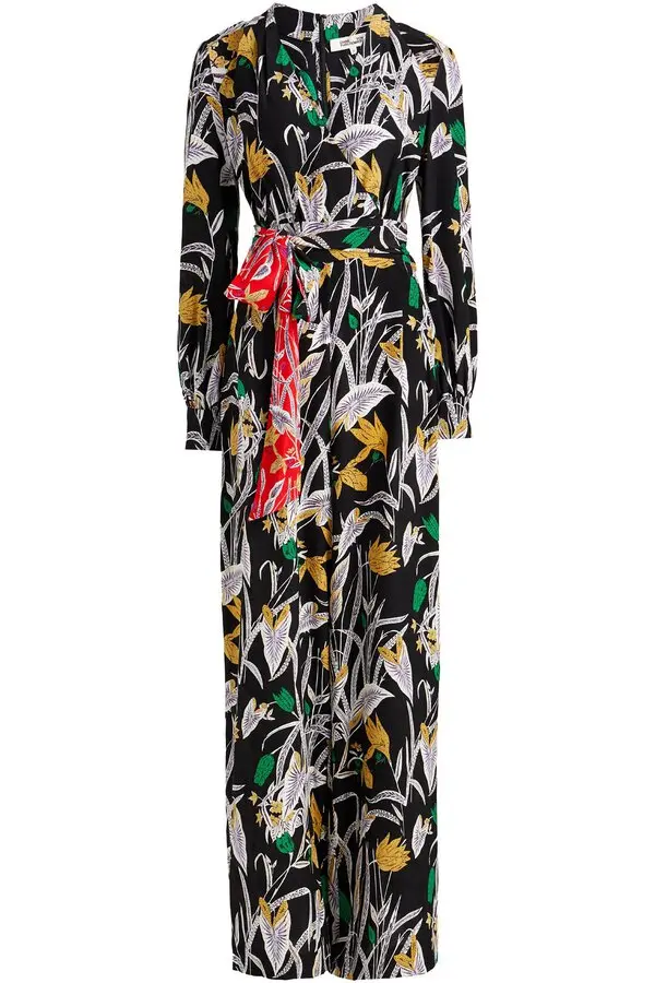 Diane Von Furstenberg Hesy Cutout Printed Silk Crepe De Chine Wideleg Jumpsuit - Black