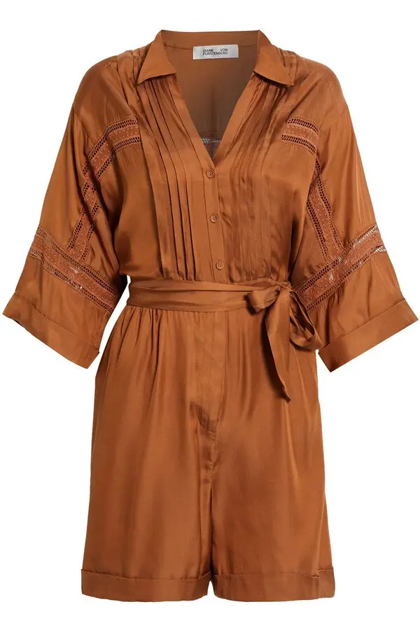 Diane Von Furstenberg Bara Belted Pintucked Silk-blend Satin-twill Playsuit - Light Brown