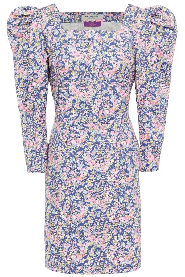 Philosophy Di Lorenzo Serafini Gathered Floral-print Stretch-cotton Poplin Mini Dress - Indigo