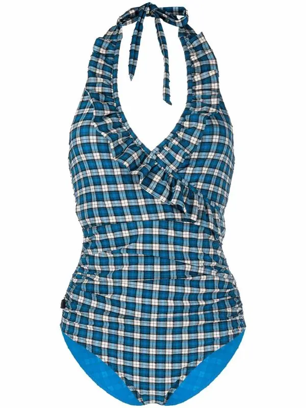 GANNI Plaid Check Print Halterneck Swimsuit With Ruffle Detail